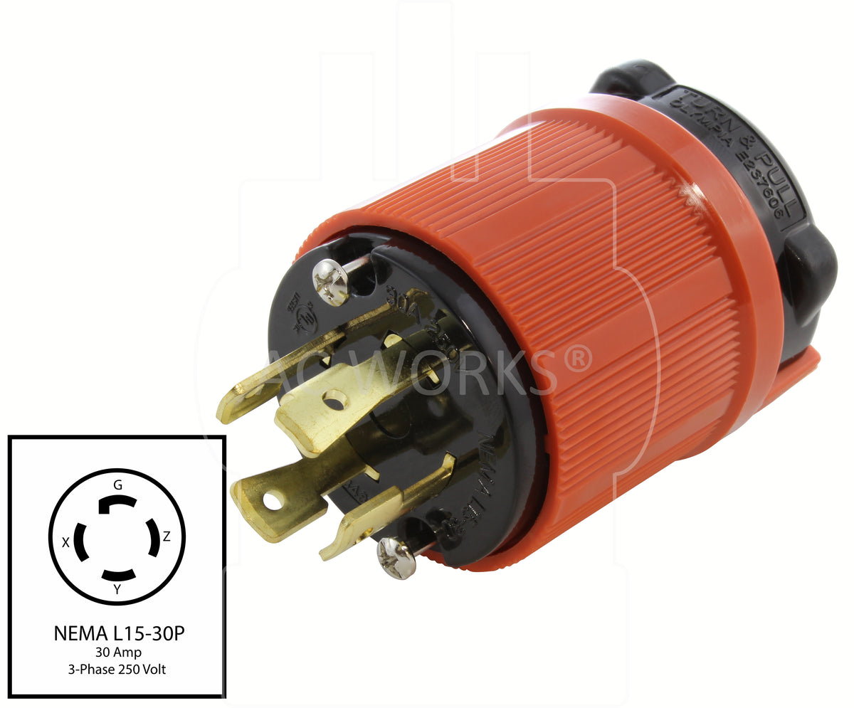 AC WORKS® NEMA L15-30P 3-Phase 30A 250V 4-Prong Locking Male UL C-UL – AC Connectors