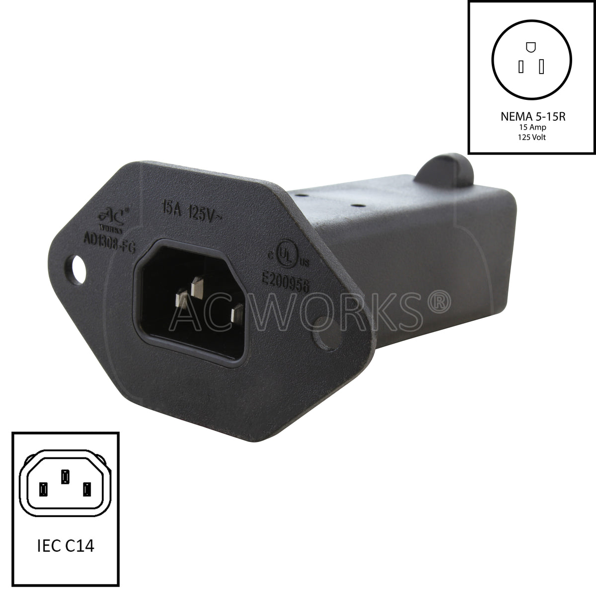 AC WORKS® IEC C14/ SHEET E with Mounting Holes to Household NEMA 5-15R – AC Connectors