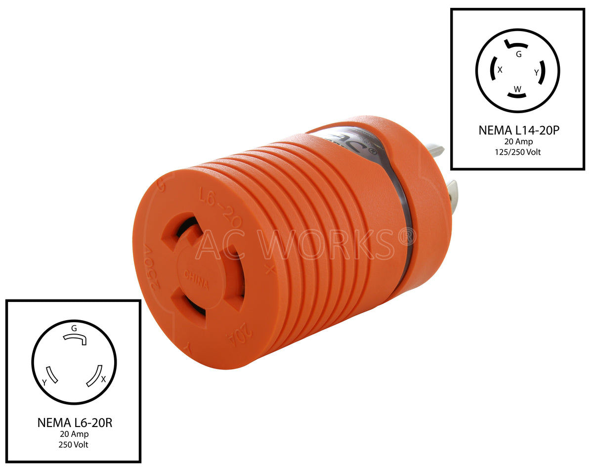 AC WORKS® 4Prong 20A NEMA L14-20P Locking Plug to 20A 250V NEMA L6-20R ...