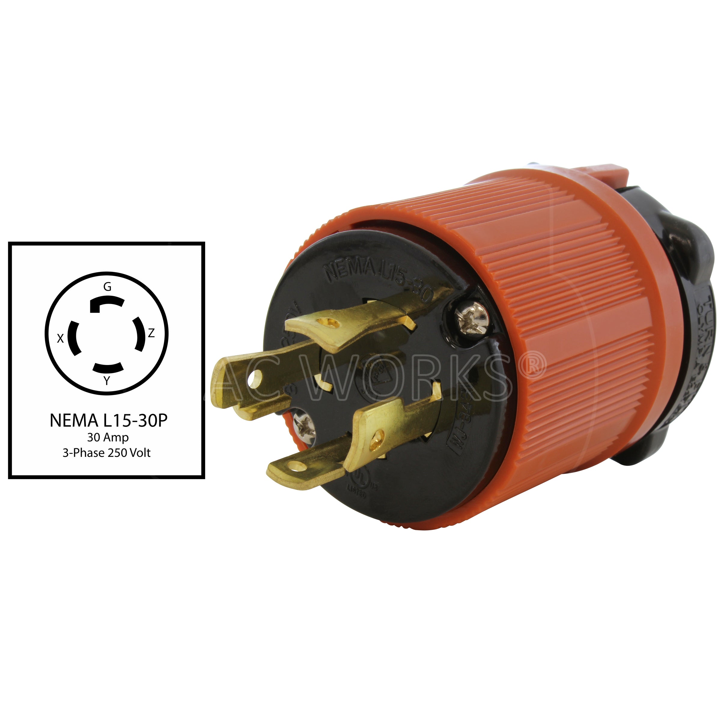 AC WORKS® NEMA L15-30P 3-Phase 30A 250V 4-Prong Locking Male UL C-UL ...