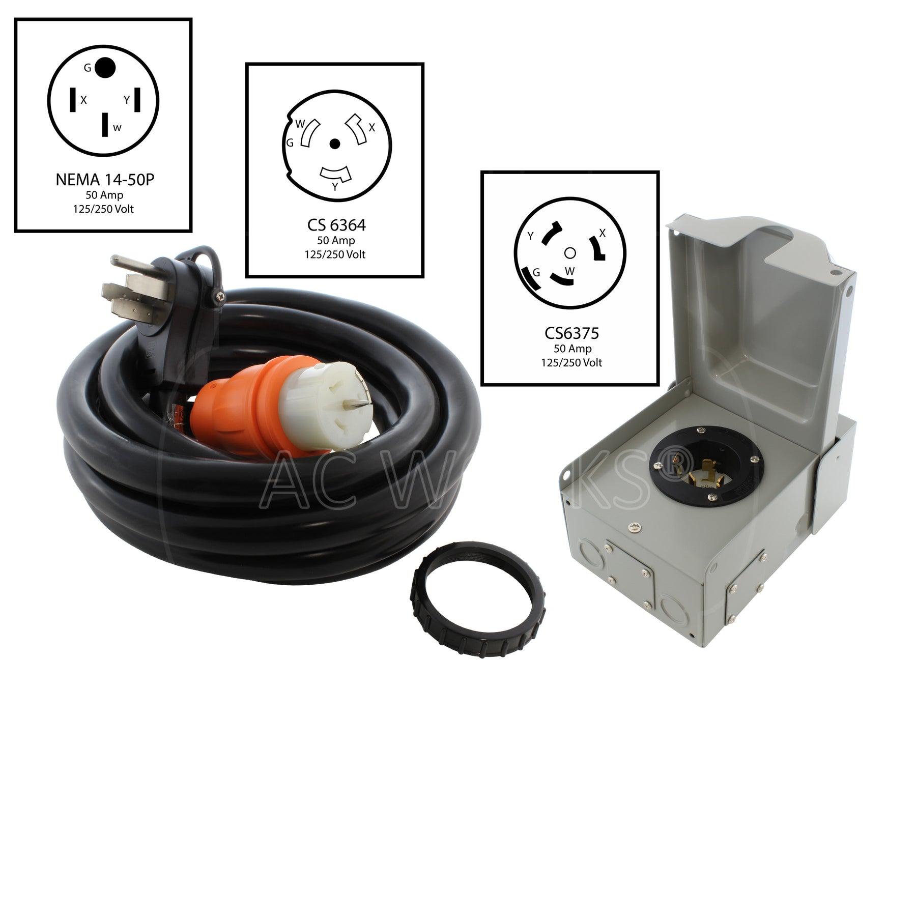 NEMA SS2-50 50 Amp Inlet Box and NEMA 14-50 Extension Cord Power Kit ...