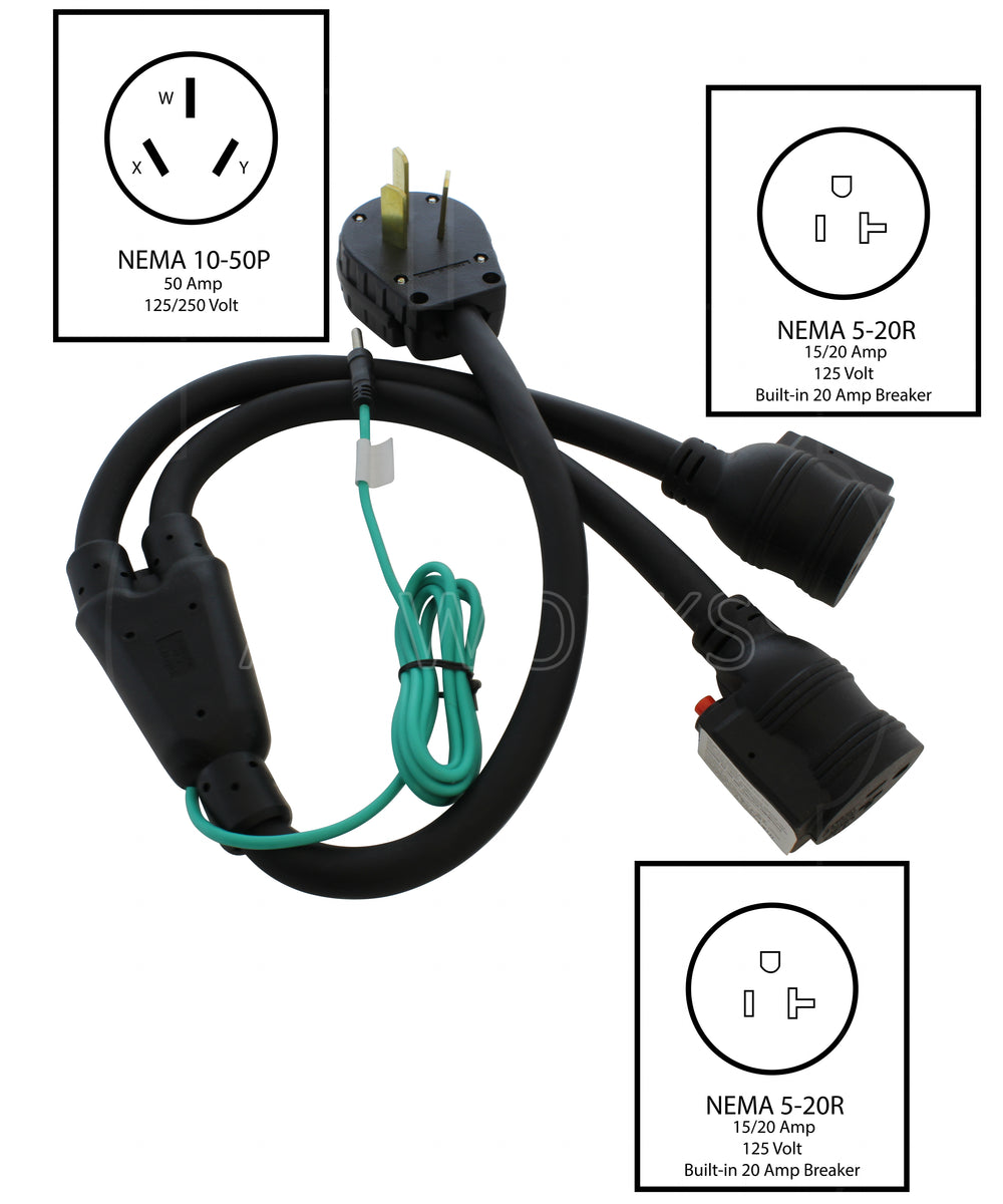 50A NEMA 10-50 Plug to Two 20A Household Connections With 20A Breakers ...