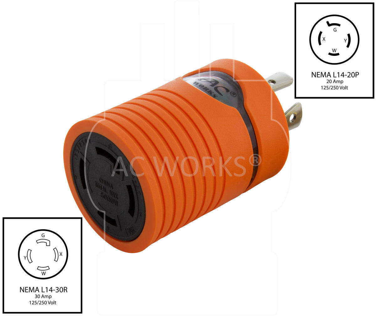 AC WORKS® 20A 4-Prong L14-20P Locking Plug to L14-30R 30A 4-Prong ...