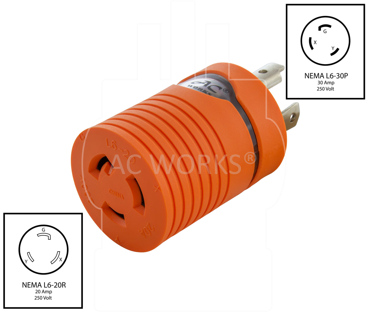 AC WORKS® Locking Adapter L6-30P to L6-20R 250Volt – AC Connectors