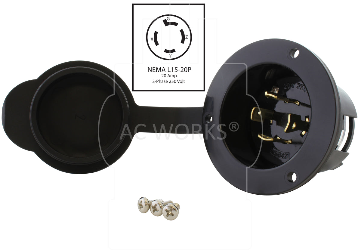 AC WORKS® 20A 3-Phase 250V L15-20P Power Input Inlet and Weather Cover ...