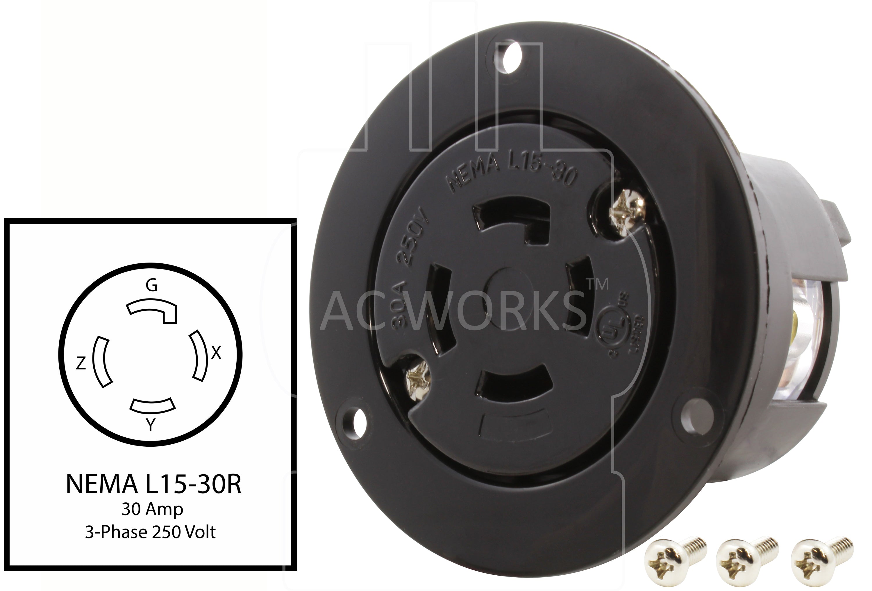 AC WORKS® NEMA L15-30R 3-Phase 30A 250V High Power Flanged Outlet UL – AC Connectors