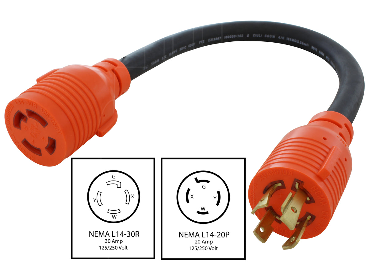1.5ft L14-20P 20Amp 4-Prong Male to L14-30R 30Amp 4-P Generator Adapter ...