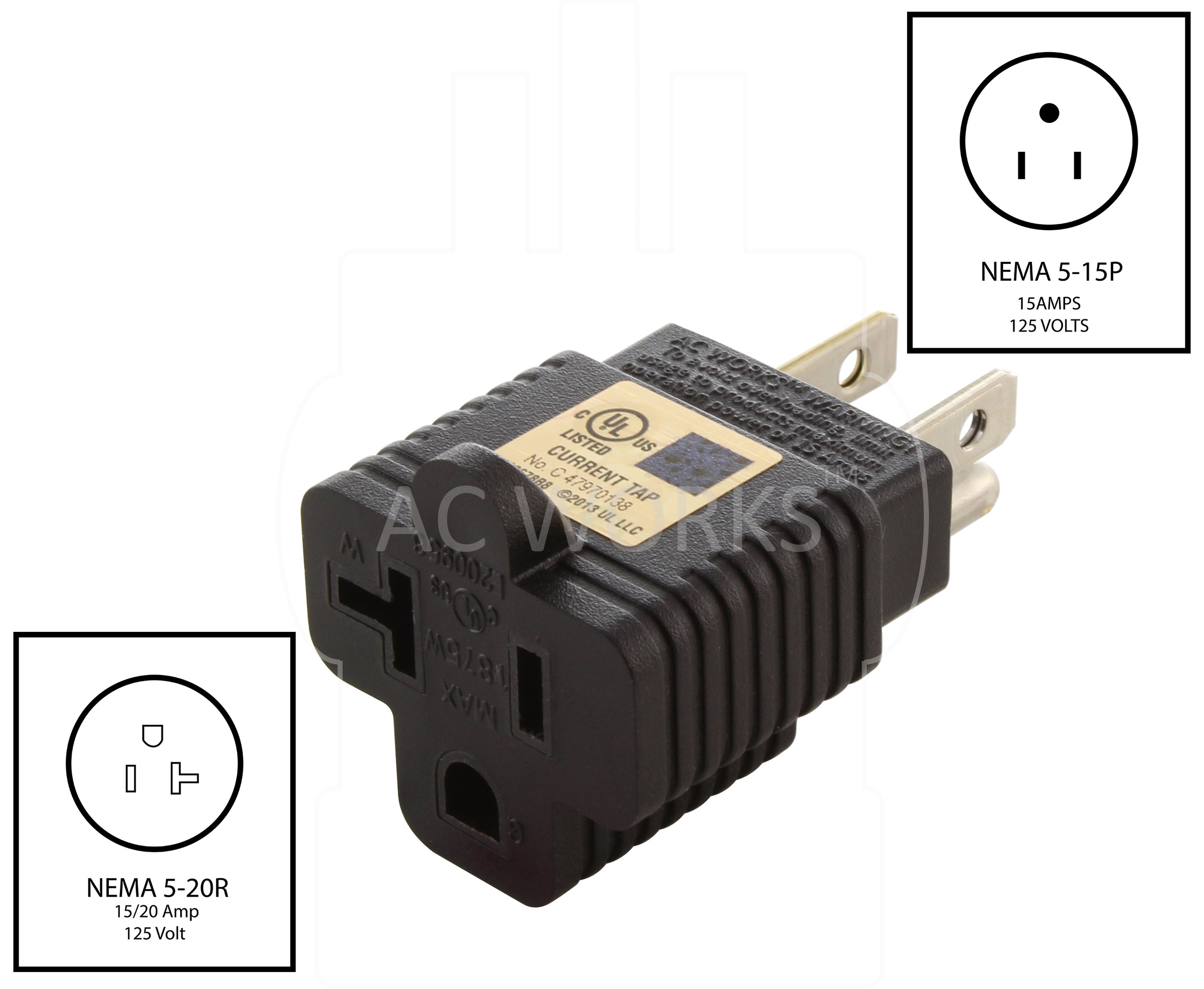 AC WORKS® 15A to 20A 125V T-Blade Compact Adapter UL and C-UL Approval ...