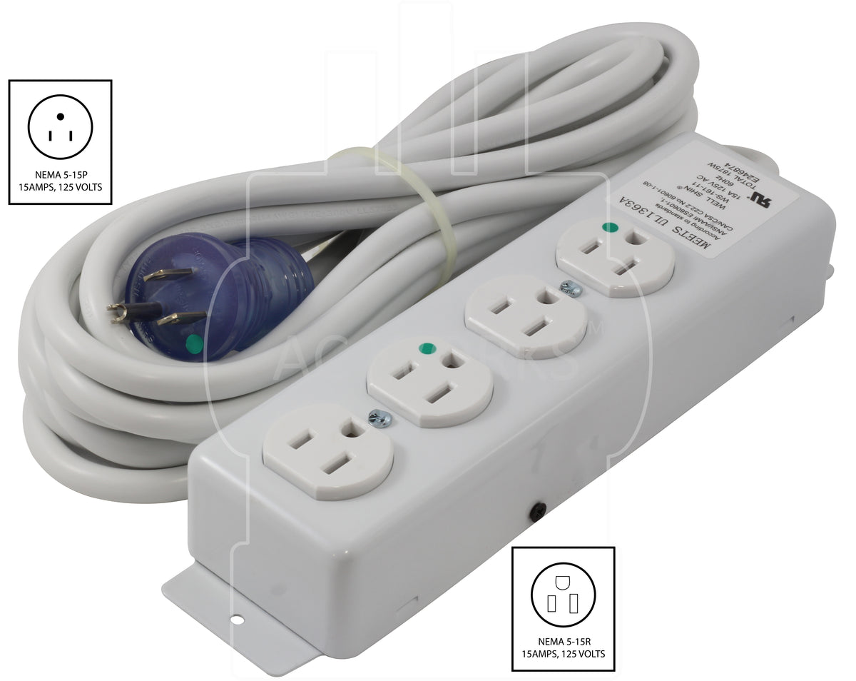 AC WORKS® 15FT 15A 14/3 Medical/ Hospital Grade Power Strip-4 Outlets ...